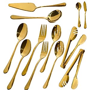 12Pcs Gold Stainless Steel Serving Utensils Set for Parties Buffet, Gold Serving Utensils Set Includes Large Serving, Slotted & Tea Spoon, Soup Ladle, Fork, Tong, Butter Knife & Pie Server