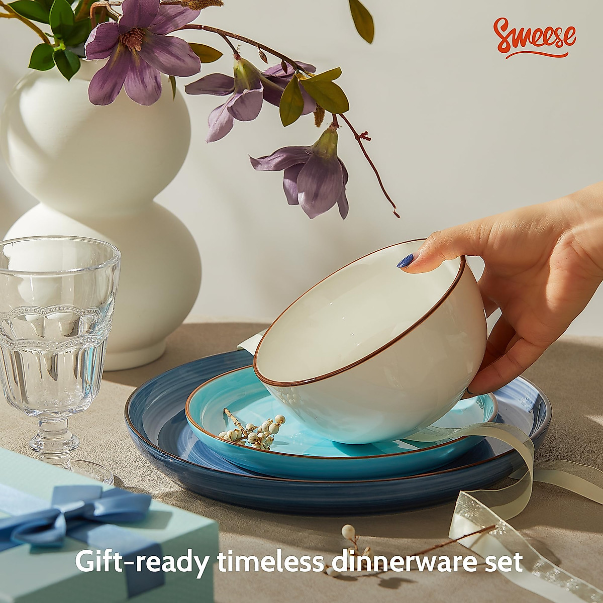 Sweese Plates and Bowls Sets, 18 Piece Dinnerware Set Porcelain Round Dinner Set for 6, Scratch Resistant Dishes Set, Dishwasher and Oven Microwave Safe Handpainted Swirl Dishware Sets, Assorted Blue