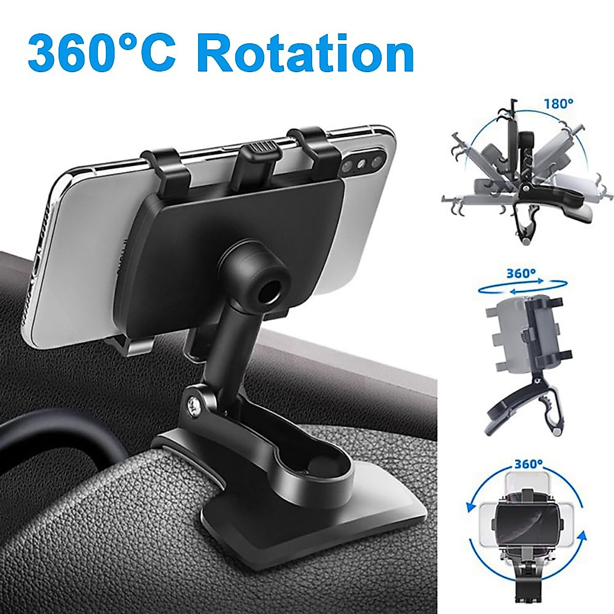 HETECH Car Phone Holder Mount, 360 Degree Rotation, Dashboard and Rearview Mirror, Compatible with iPhone, Samsung, Huawei, Nokia, LG, 4-7 Inch Smartphones