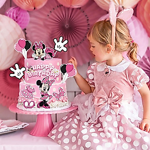 EnlSinr 9 Pcs Pink Minnie Cake Decorations for Girls, Pink Bow and White Gloves Mouse Birthday Decorations Minnie Birthday Cake Topper for Girls 1st 2nd 3rd Birthday Party Baby Shower Decorations