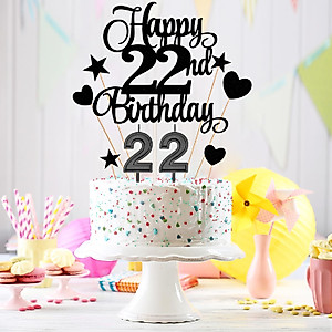 22nd Birthday Cake Decorations Set Include 22nd Birthday Candles Numeral 22 Cake Candles and Happy 22nd Birthday Cake Toppers with Heart Star Cupcake Picks for Birthday Party (Black Series)