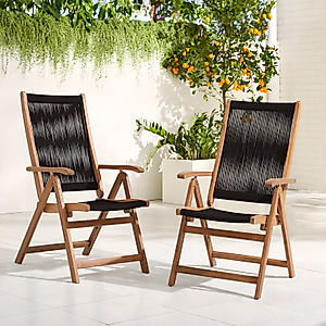OC Orange-Casual Folding Patio Dining Chair Set of 2, Outdoor Acacia Wooden Rope Reclining Chair w/Armrest, FSC Certified Wood, for Porch, Backyard, Garden, Indoor, Black