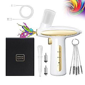 AirBrush Kit With Air Compressor 32PSI Airbrush kit Rechargeable Auto Handheld Cordless Airbrush Set Wireless, Barber Air Brush kit, Nail Art, Cake Decor, Makeup, Model Painting, (white gold)