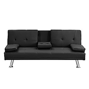 BMMB PU Leather Convertible Futon Sofa Bed Upholstered Modern Sleeper Couch with Detachable Armrests 2 Cup Holders Stainless Steel Legs, Suitable for Living Spaces, Apartments (Leather, Black)