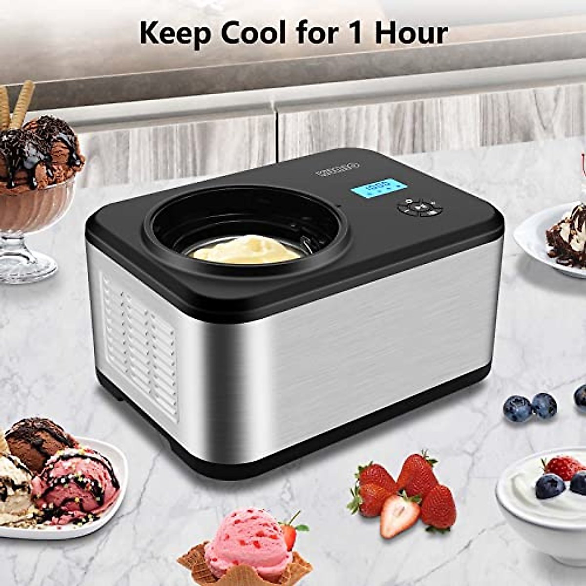 KUMIO 1.5 Quart Ice Cream Maker with Compressor, No Pre-Freezing, 4 Modes Ice Cream Maker Machine with LCD Display, Timer, Automatic Gelato & Yogurt Machine, Stainless Steel