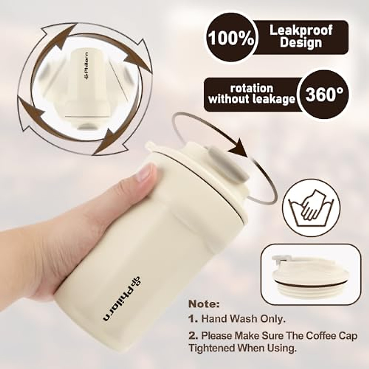 PHILORN Insulated Coffee Mug with Lid, 14 oz Travel Coffee Tumbler Leak Proof Thermal Cup, Stainless Steel Coffee Mug with Double Wall, Reusable Coffee Cup for Hot and Cold Drinks