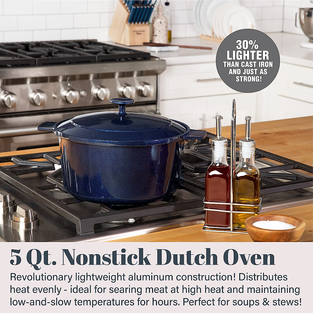 Granitestone Dutch Oven, 5 Quart Ultra Nonstick Enameled Lightweight Aluminum Dutch Oven Pot with Lid, Round 5 Qt. Stock Pot, Dishwasher & Oven Safe, Induction Capable, 100% PFOA Free, Cobalt Blue