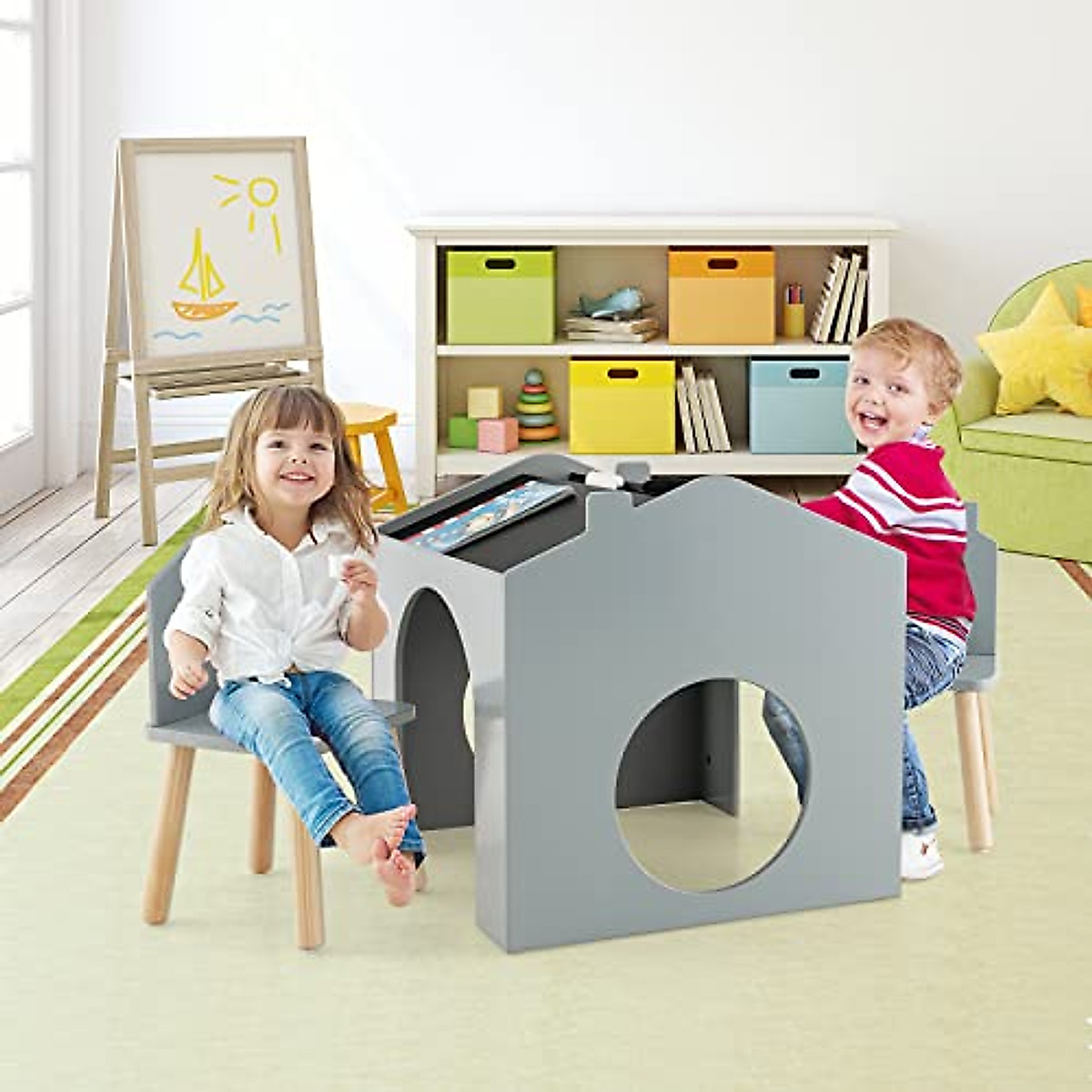 INFANS Kids Table and Chair Set, Wood Multi Activity Table with Blackboard for Toddler Playing Drawing Reading Arts Crafts, 3 Piece Children Furniture for Playroom Home School Classroom