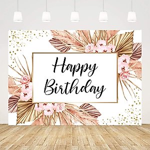 Ticuenicoa 7x5ft Pink Pampas Grass Happy Birthday Backdrop Flowers Girls Women Birthday Photography Background Sweet 16th 21st 30th 40th Banner Cake Table Supplies Party Decoration Photo Booth Props