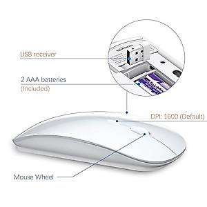 Wireless Keyboard and Mouse Ultra Slim Combo, TopMate 2.4G Silent Compact USB Mouse and Scissor Switch Keyboard Set with Cover, 2 AA and 2 AAA Batteries, for PC/Laptop/Windows/Mac - White