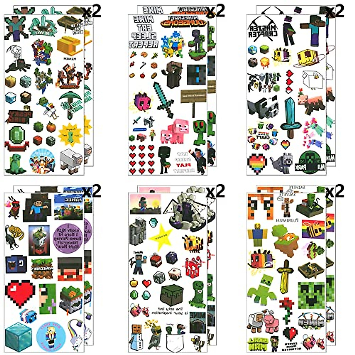 12 Sheets Cute Temporary Tattoos for Kids, Pixel Birthday Party Supplies Pixel Style Party Favors for Kids Boys Girls Pixel Video Game Party Decorations Pixel Theme Party Gifts