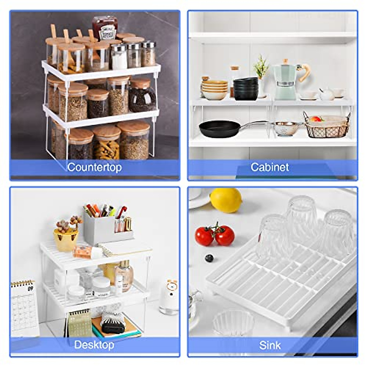 NiHome 4-Pack Stackable Plastic Kitchen Storage Shelf Foldable Rack - White Kitchen Cabinet Organizer and Storage Shelves Stackable Expandable Storage Racks for Counter Cabinet Pantry