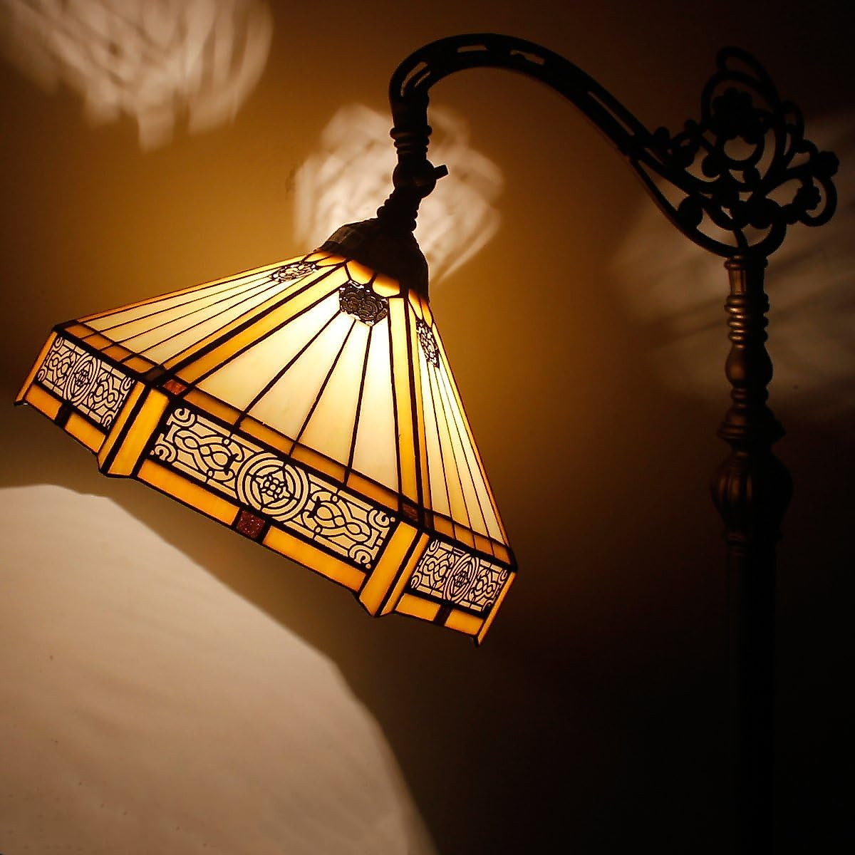 WERFACTORY Tiffany Floor Lamp Mission Hexagon Stained Glass Arched Lamp 12X18X64 Inches Gooseneck Adjustable Corner Standing Reading Light Decor Bedroom Living Room S011 Series