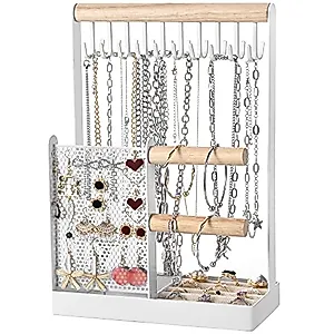 Jewelry Organizer Stand Necklace Holder, 4 In 1 Jewelry Holder with Earring Organizer and Removable Ring Tray, Double-Side 20 Hooks Jewelry Stand for Necklaces Earrings Bracelets Bangles Watches Rings