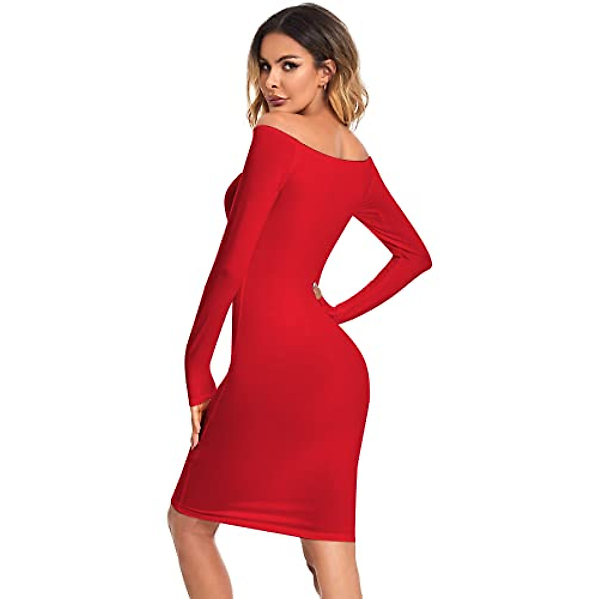 Verdusa Women's Basic Off Shoulder Long Sleeve Bodycon Short Dress Red S