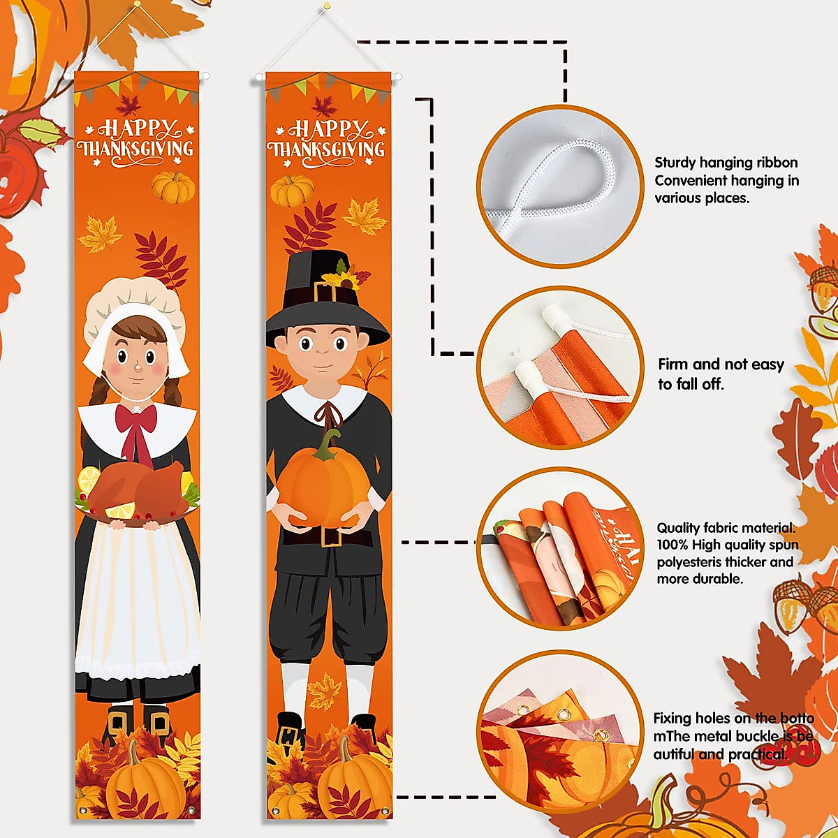 Thanksgiving Decorations Pilgrim Boy and Girl Front Porch Door Sign, Happy Thanksgiving Banner Fall Harvest Front Door Banners for Autumn Thanksgiving Harvest Party Supplies Decorations