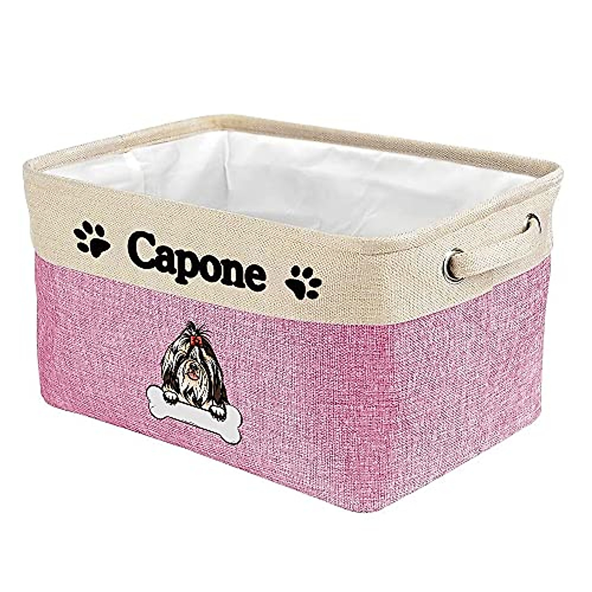 MALIHONG Personalized Foldable Storage Basket with Cute Dog Shih Tzu Collapsible Sturdy Fabric Bone Pet Toys Storage Bin Cube with Handles for Organizing Shelf Home Closet, Pink and White