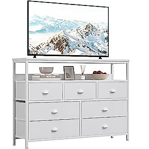 Furologee White TV Console Table, TV Stand with 7 Storage Drawer, Sofa Table with 2-Tier Shelves, Entertainment Center for 45" TV, Storage Fabric Drawer Unit for Bedroom, Living Room, Entryway
