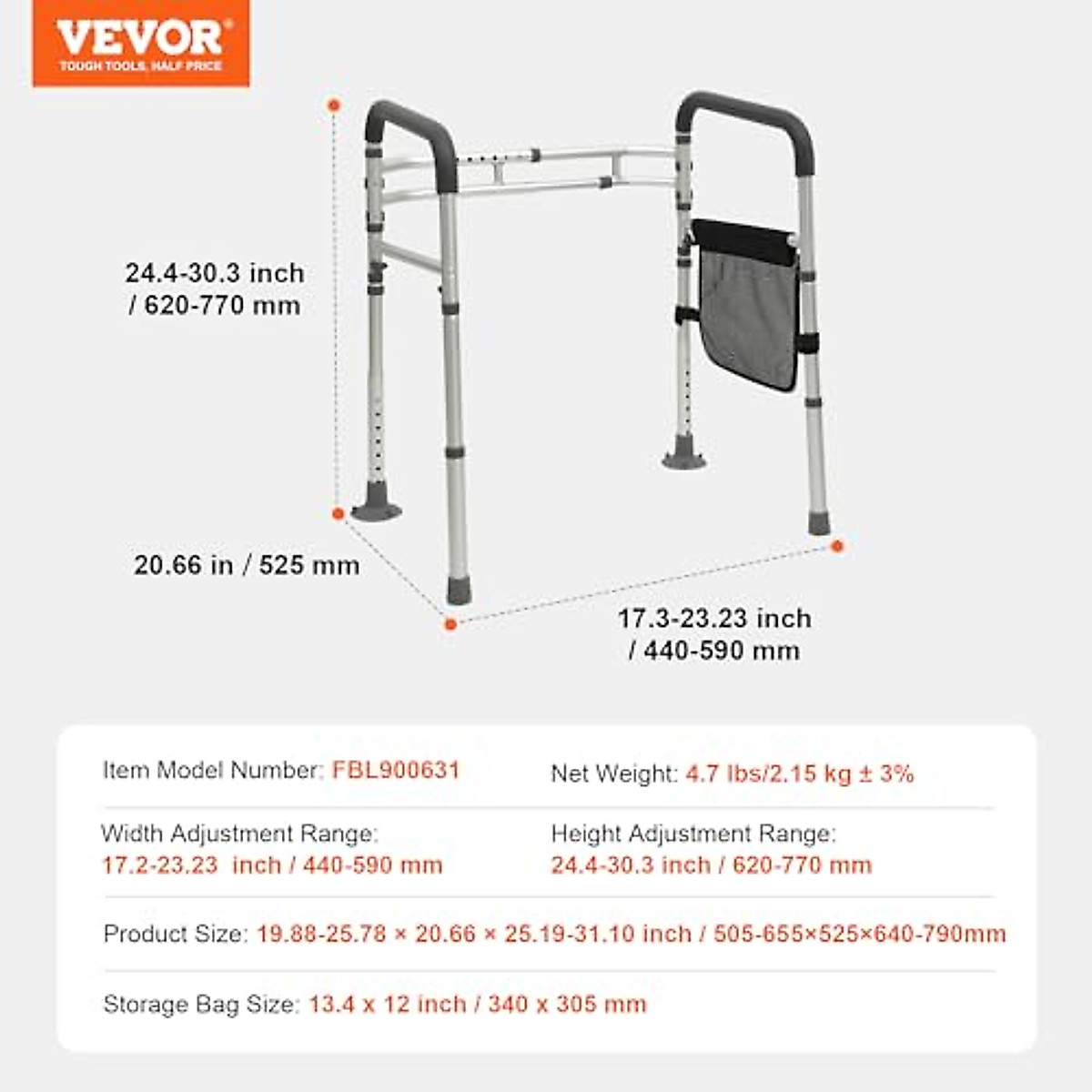VEVOR Toilet Safety Rail, Folding Toilet Seat Frame, Adjustable Detachable Fit Most Toilets, Heavy 300lbs Capacity Duty Medical Bathroom Toilet Handrails Stand Alone for Handicap, Elderly, Disabled