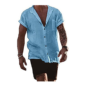 MBETA Cotton and Linen Solid Color Cardigan Loose Short Sleeve Shirt Suitable for Summer Menswear