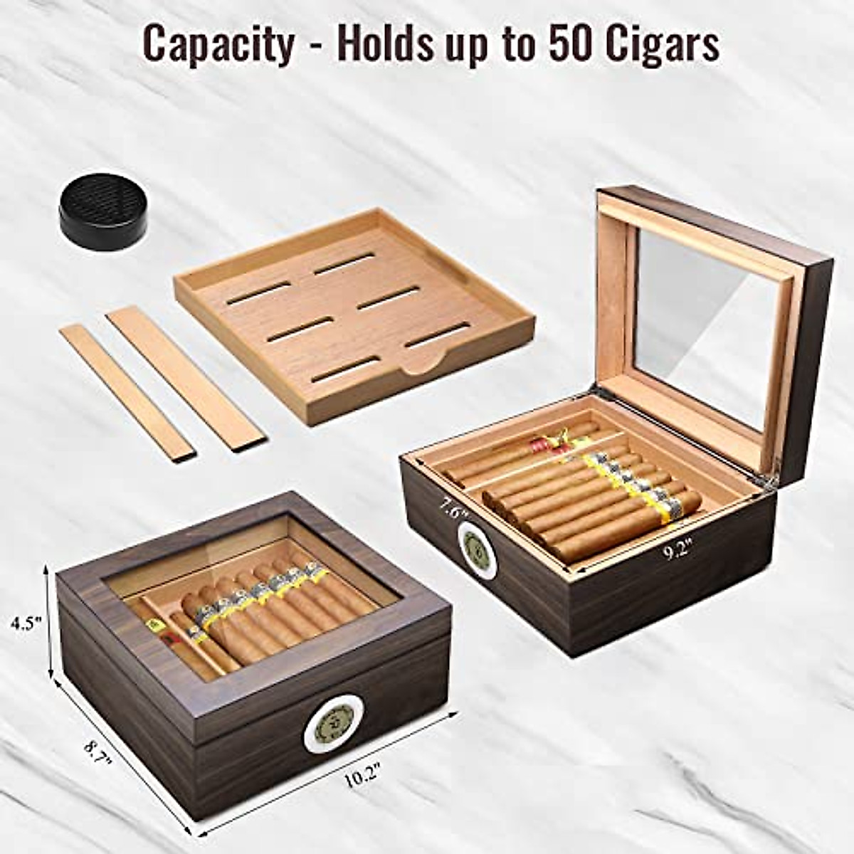 Flauno Desktop Cigar Humidor, Cedar Wood Humidor Cigar Box with Digital Hygrometer, Humidifier, Tray and Dividers, Holds 25-50 Cigars, Walnut Finish