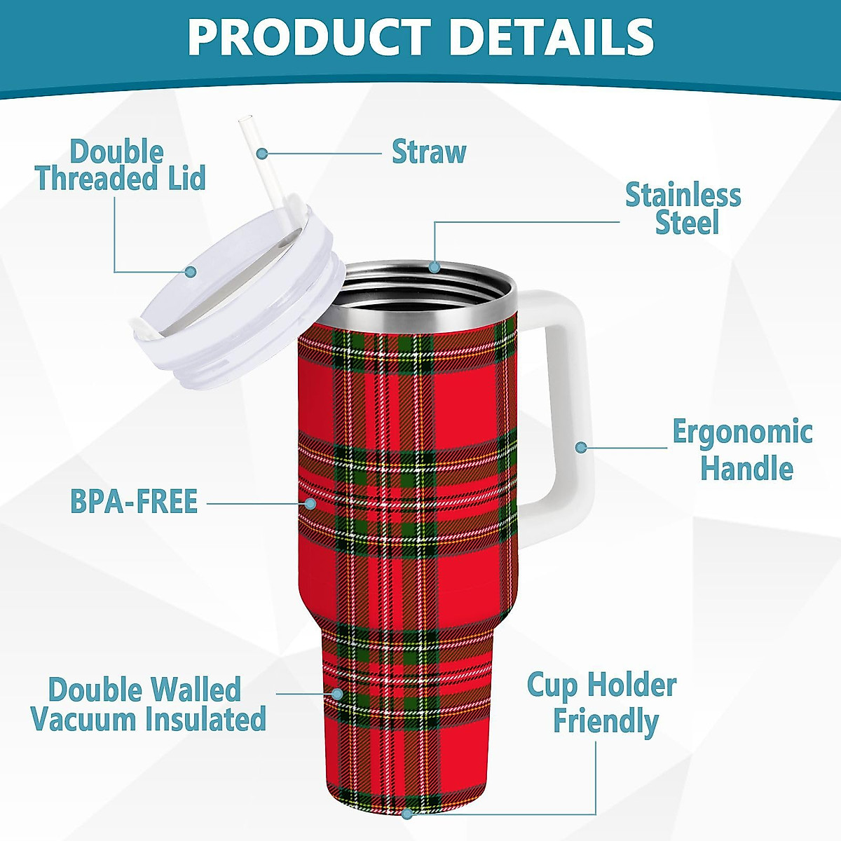 Tumbler with Handle and Straw Lid,Red Tartan Plaid Christma 30 oz Insulated Coffee Cup Stainless Steel Water Bottle Travel Mug Cupholder Friendly,Gifts for Women Men