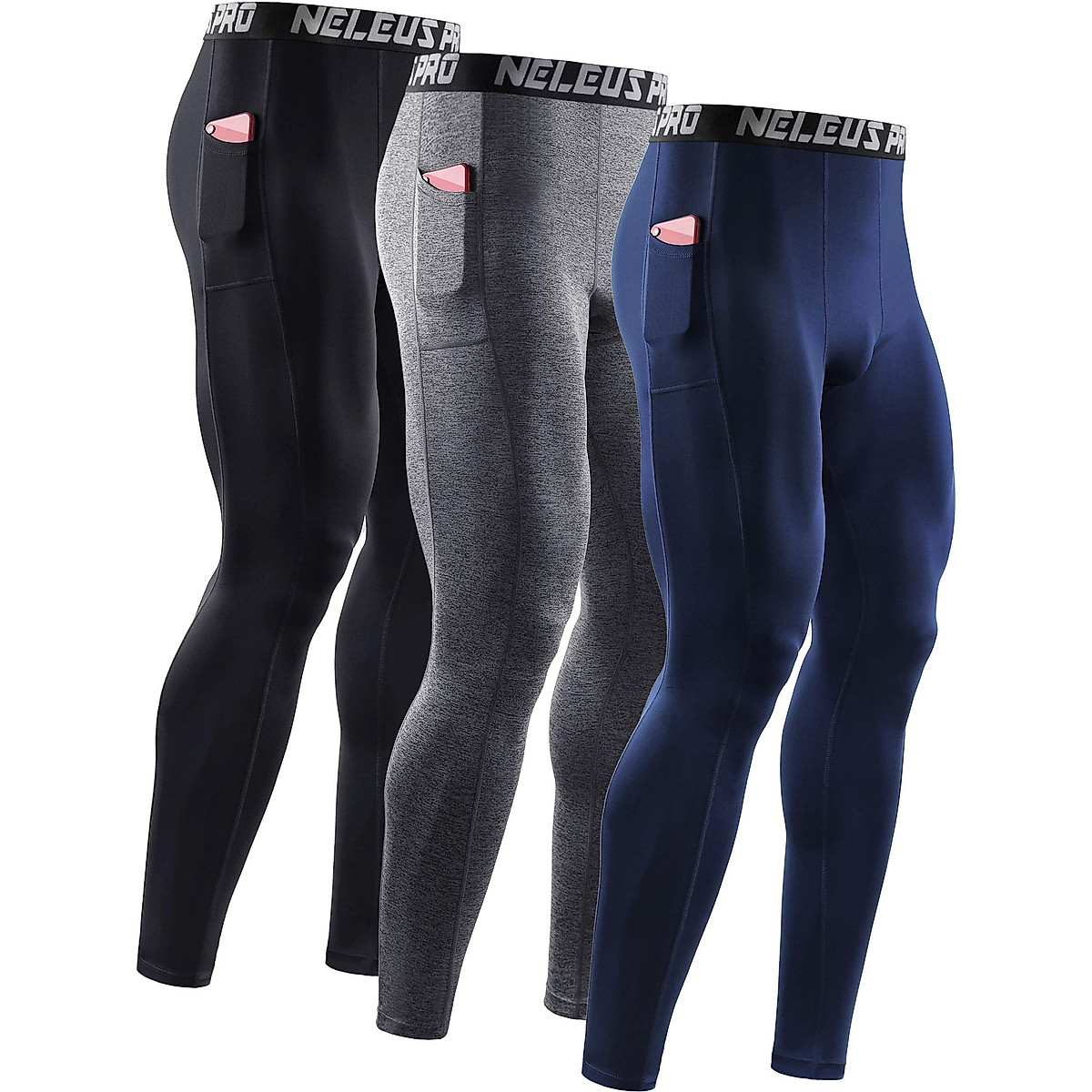 NELEUS Men's 3 Pack Dry Fit Compression Pants Running Tights with Pocket,6069,Black/Grey/Navy,US M,EU L