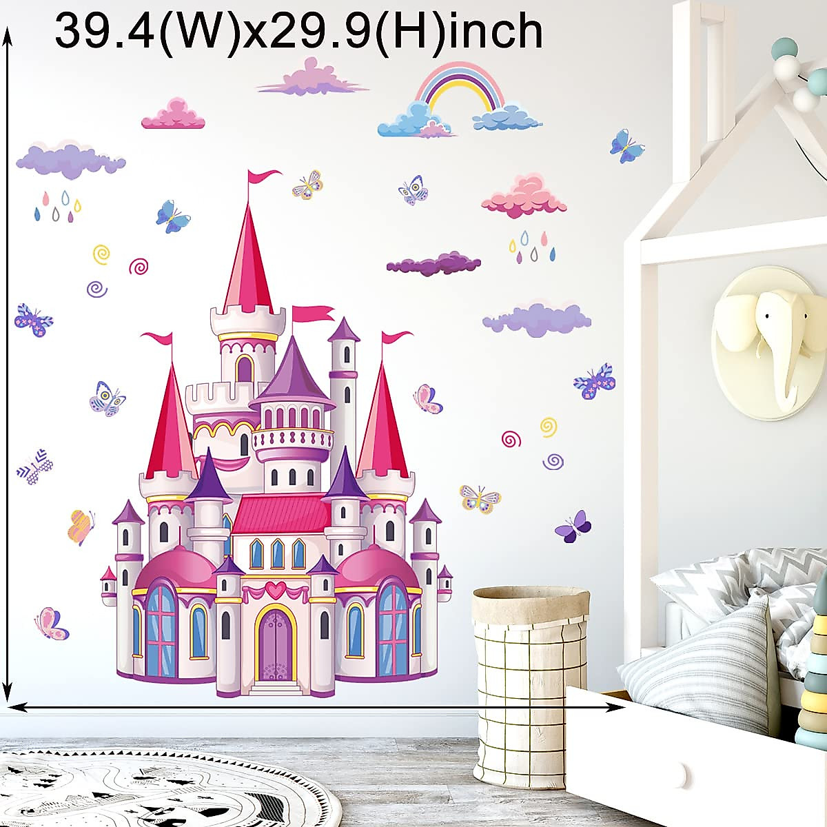 Pinenjoy Cartoon Castle Wall Decal Colorful Rainbow Clouds Butterfly Wall Stickers 39x30inch Fantasy Removable Self-Adhesive Vinyl Wall Clings for DIY Girls Bedroom Nursery Classroom Living Room