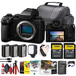 Panasonic Lumix S5 IIX Mirrorless Camera (DC-S5M2XBODY) + 2 x 64GB Memory Card + Corel Photo Software + 2 x DMW-BLK22 Battery + Charger + LED Light + Card Reader + Case + Flex Tripod + More