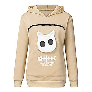 Women's Solid Lightweight Hoodies for Women Whdcaptiyated My Heart Cat Pouch Pet Carrier Sweatshirt Zipper Aesthetic Beige