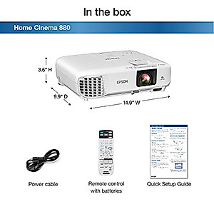Epson Home Cinema 880 3-chip 3LCD 1080p Projector, 3300 lumens Color and White Brightness, Streaming and Home Theater, Built-in Speaker, Auto Picture Skew, 16,000:1 Contrast, HDMI 2.0, White