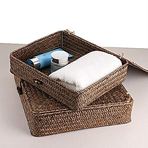 Hipiwe Set of 2 Flat Woven Wicker Storage Bins with Lid Natural Seagrass Basket Boxes Multipurpose Home Organizer Bins Boxes for Shelf Organizer (Coffee)