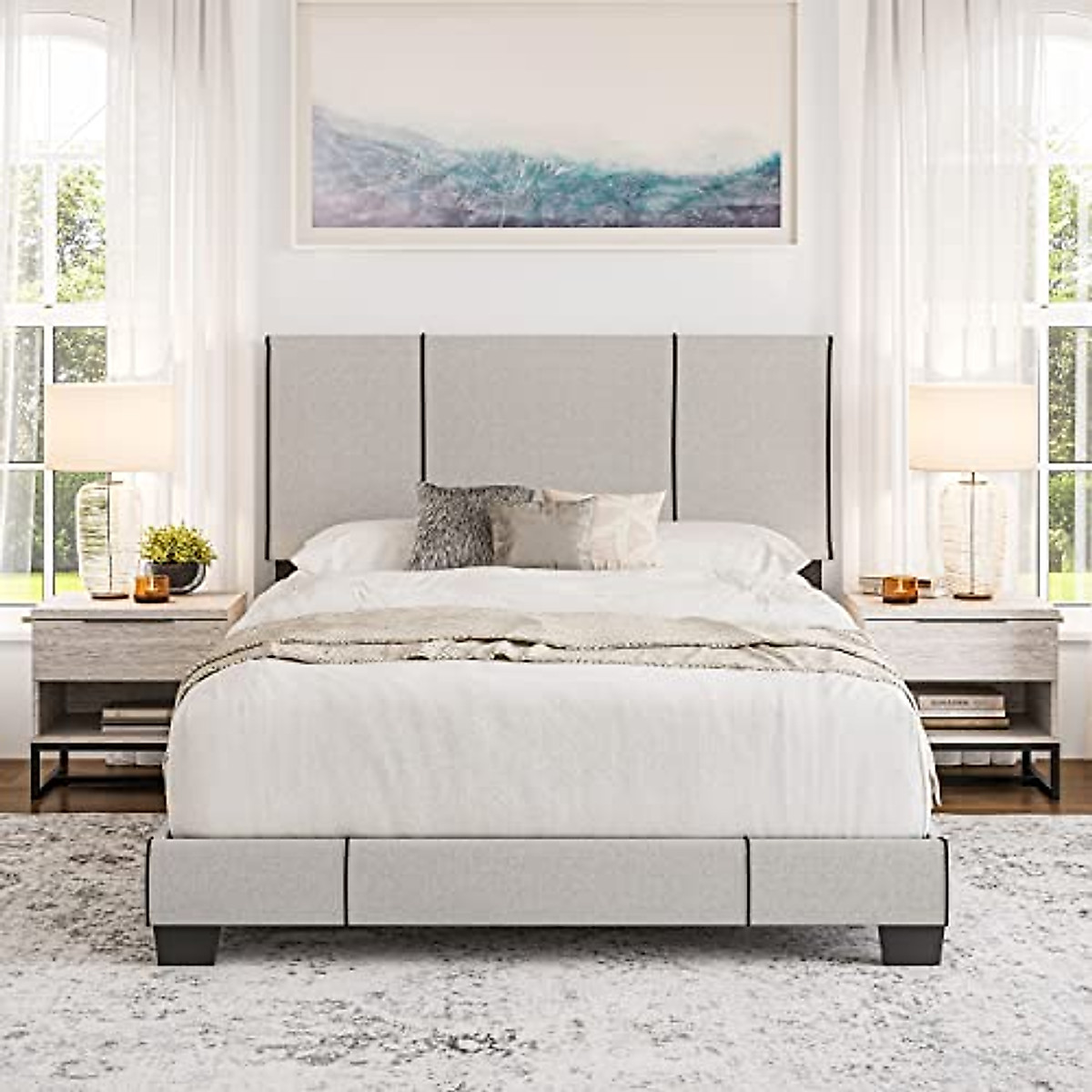 Boyd Sleep Lucena Platform Bed Frame with Fabric Upholstered Adjustable Headboard and Wooden Slats Supports, Box Spring Required: Linen, Off White, Twin