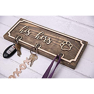 Handmade Wood Leash and Key Holder - Custom Personalized His and Hers, Pawprint