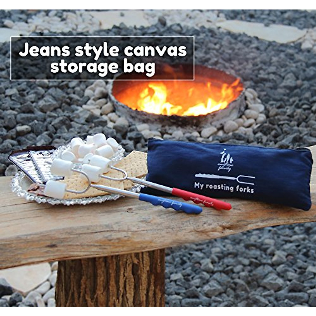 anytime family Extending Marshmallow Roasting Sticks 45" - 6 Premium Telescoping STAINLESS STEEL S’mores Skewers; Campfire, fire pit, camping. S'mores recipes eBook (Multicolor, 6 sticks)