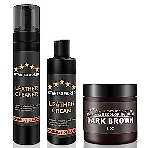 STARTSO WORLD Leather Restoration Kit | Includes Leather Recoloring Balm, Leather Cleaner, Protection Cream| Restores & Repairs (Dark Brown)