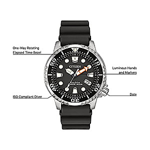 Citizen Promaster Dive Eco-Drive Watch, 3-Hand Date, ISO Certified, Luminous Hands and Markers, Rotating Bezel, Black/Stainless (Model: BN0150-28E)