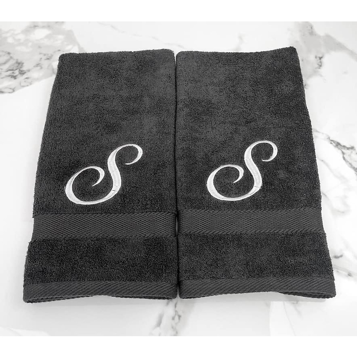 Liberty21 Monogrammed Personalized Name Hand Towels. Custom Embroidered Towels. Set of Two. (Grey)