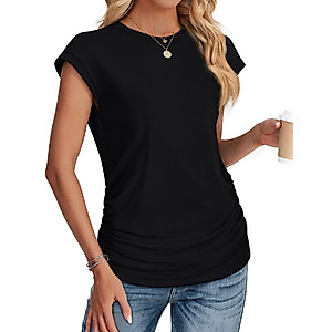 Womens Tops Summer Cap Sleeve Tops Trendy Loose Fit Tshirts Dressy Casual Shirts Fashion 2025 Vacation Outfits Clothing Black L