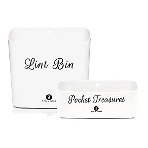 Lint Holder Bin with Magnetic Strip and Pocket Treasures Bin Magnetic Coin Holder (2 Piece Set) for Laundry Room Organization or Laundry Room Décor by A.J.A. & MORE (Off-White)