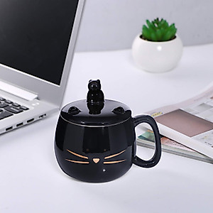 Koolkatkoo Cute Cat Coffee Mug with Cell Phone Holder Lid for Cat Lover Unique Ceramic Tea Mugs with Gold Cat Porcelain Cup Gift for Women Black