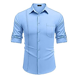 COOFANDY Mens Shirts Long Sleeve Cuban Camp Guayabera Shirt Linen Beach Button Down Shirts Light Blue