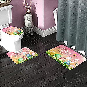 WONDERTIFY Easter Theme Bathroom Antiskid Pad Bunny Ears Butterflies Colorful Eggs in Grass Flowers 3 Pieces Bathroom Rugs Set, Bath Mat+Contour+Toilet Lid Cover Pink