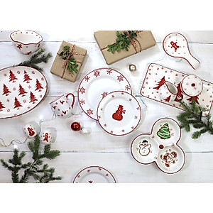 Euro Ceramica Winterfest 4 Piece Holiday Entertainment Serving Set | High Fire Earthenware Ceramic | Rectangular Platter & 3 Dipping Bowls | Hand-Stamped Holiday Design, Large, Multicolor
