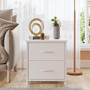 LUMTOK White Nightstand with Drawer, 2 Drawers Dresser for Bedroom, Small Night Stand and Dressers Sets Fabric Drawers, End Table Drawer Living Room (2PCS)