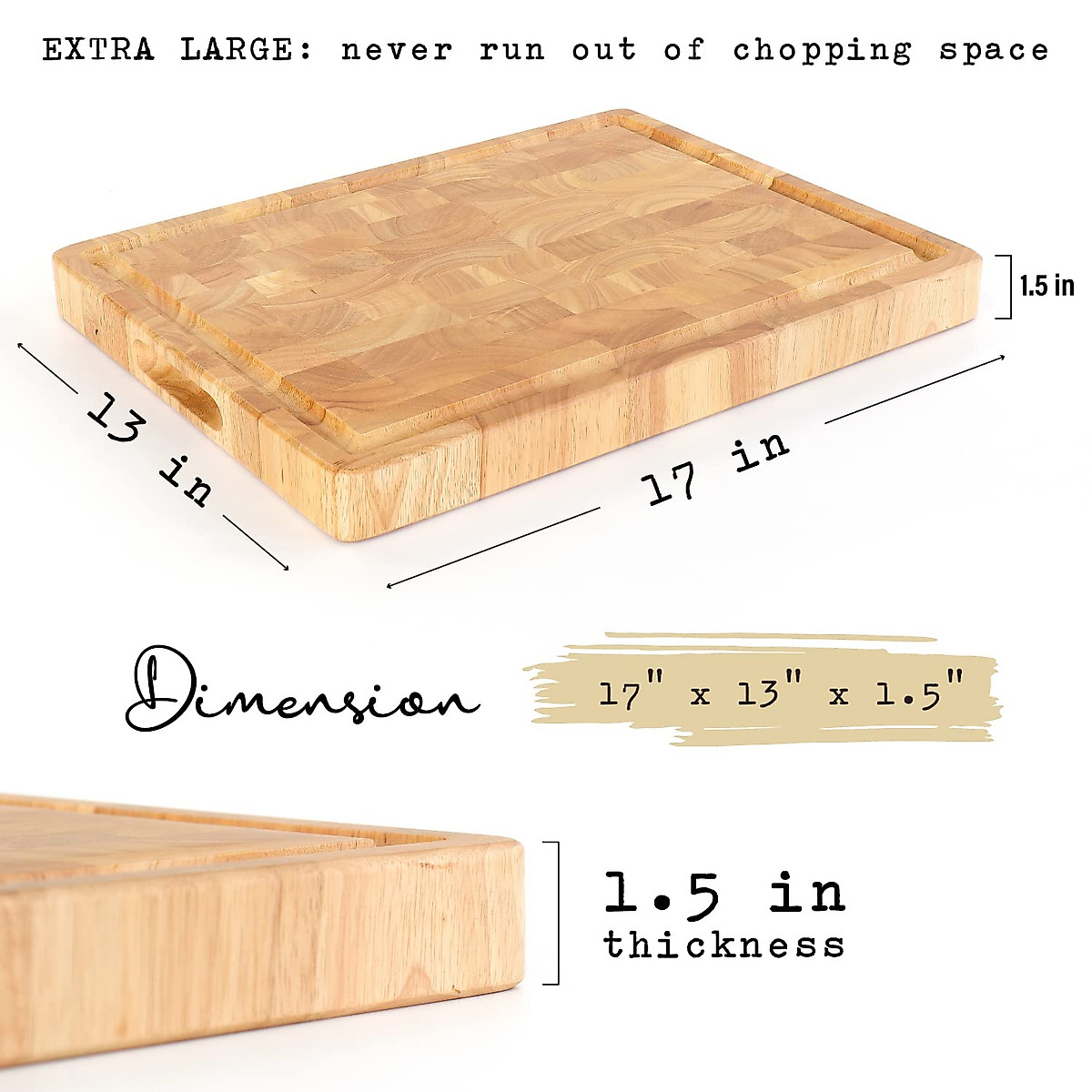 Cutting Board (17x13x1,5in) Wood Cutting Board, End Grain Cutting Board, Wooden Butcher Block, Chopping Board - Reversible Multipurpose For Kitchen with Juice Groove, Cracker Holder & Inner Handles.