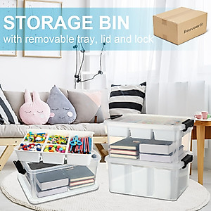 Beeveer Layhit 3 PCS Storage Box with Removable Tray 17 QT Clear Plastic Storage Container for Seasonal Decor, Tool, Office Supplies, Art, Craft Supplies, Sewing Utility Box (Multi Layer Style)