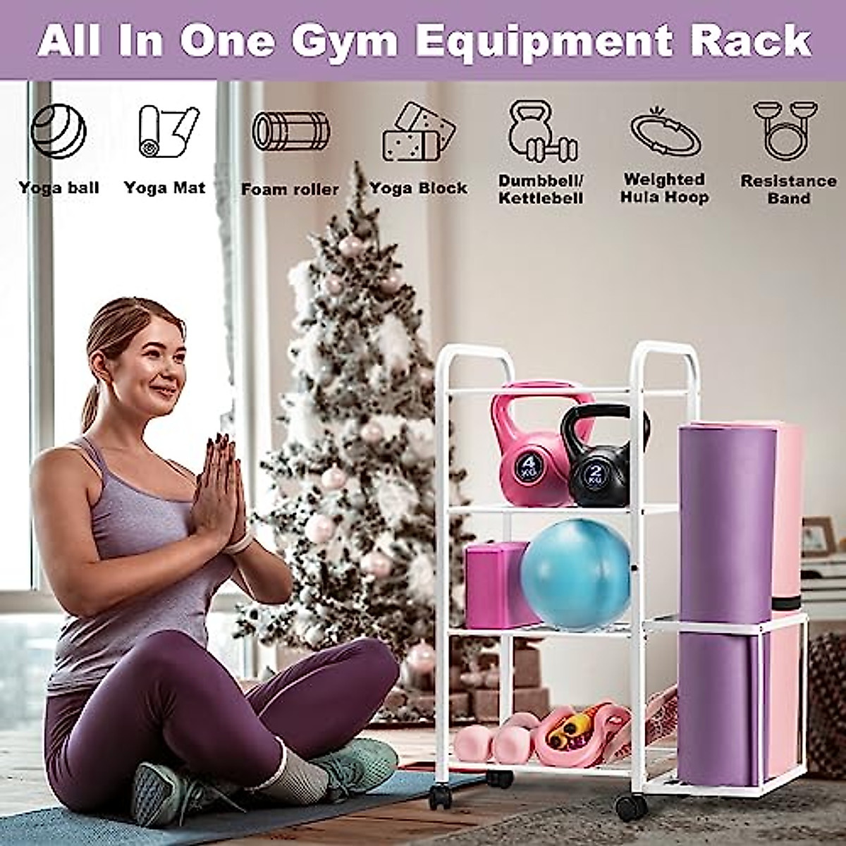 Emfogo Yoga Mat Holder Home Gym Storage Rack Yoga Mat Workout Storage for Foam Roller, Yoga Strap and Resistance Bands, Weight Rack for Dumbbells Workout Equipment Storage Organizer With Wheels