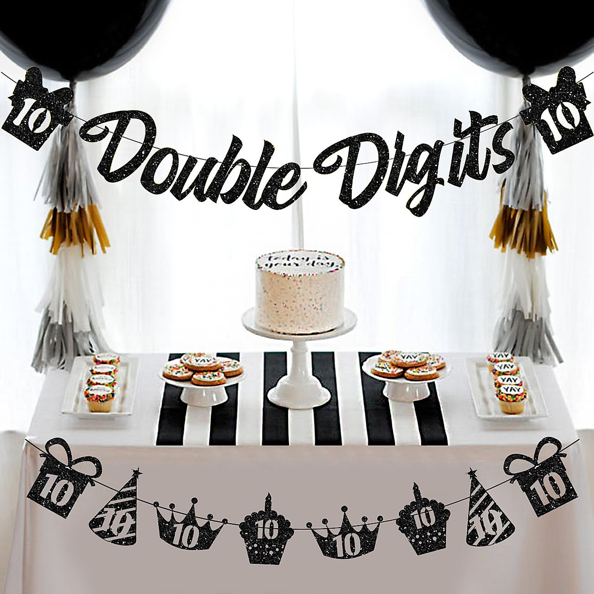 10th Birthday Decorations for Boys Double Digits Birthday Banner Black Glitter 10 Year Old Birthday Sign Ten Years Old Banner Garland