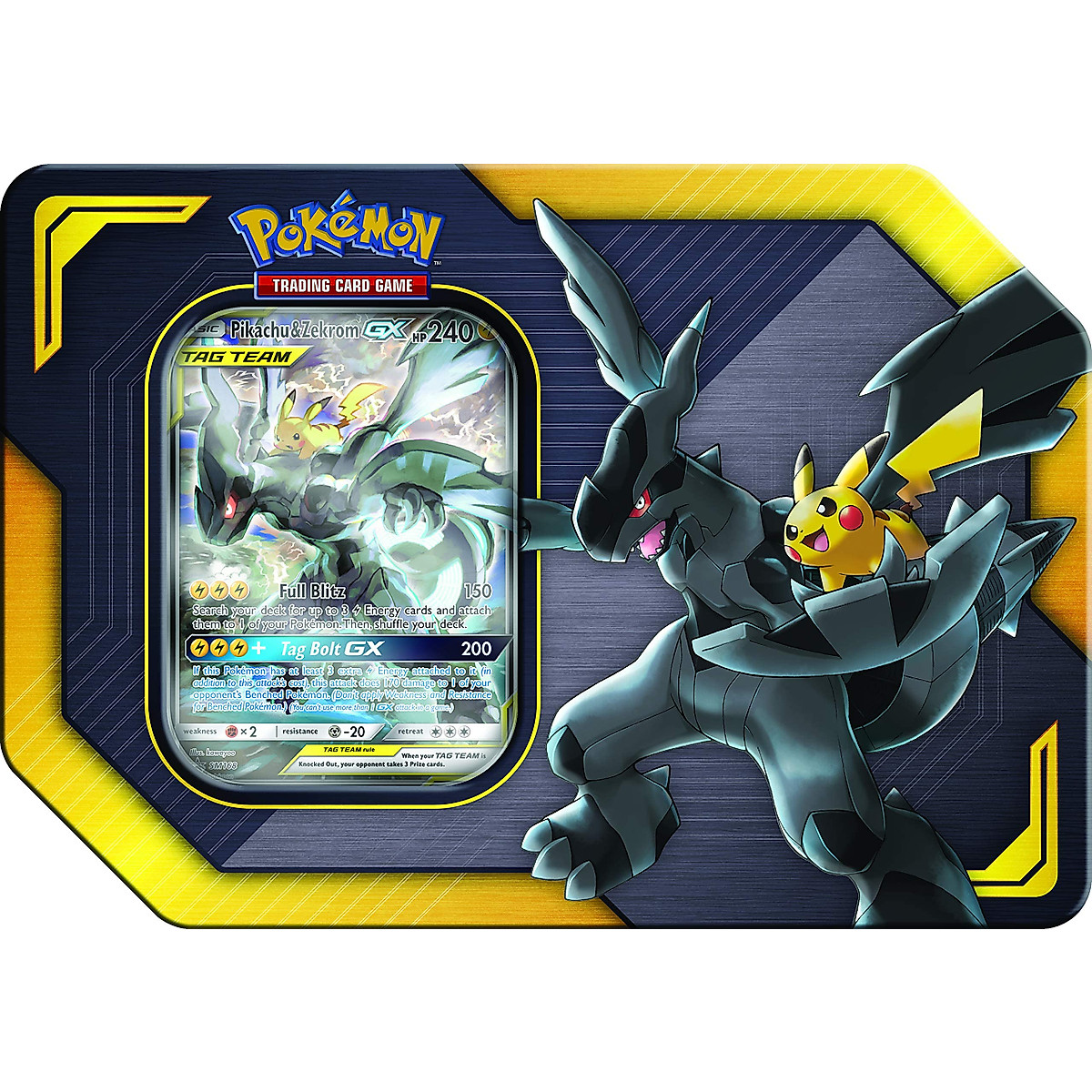 Pokemon Tag Team Tin Pikachu & Zekrom- TCG: Sun & Moon- Contains 4 Booster Packs & Featuring 1 Special Art Pikachu & Zekrom-GX Foil Card